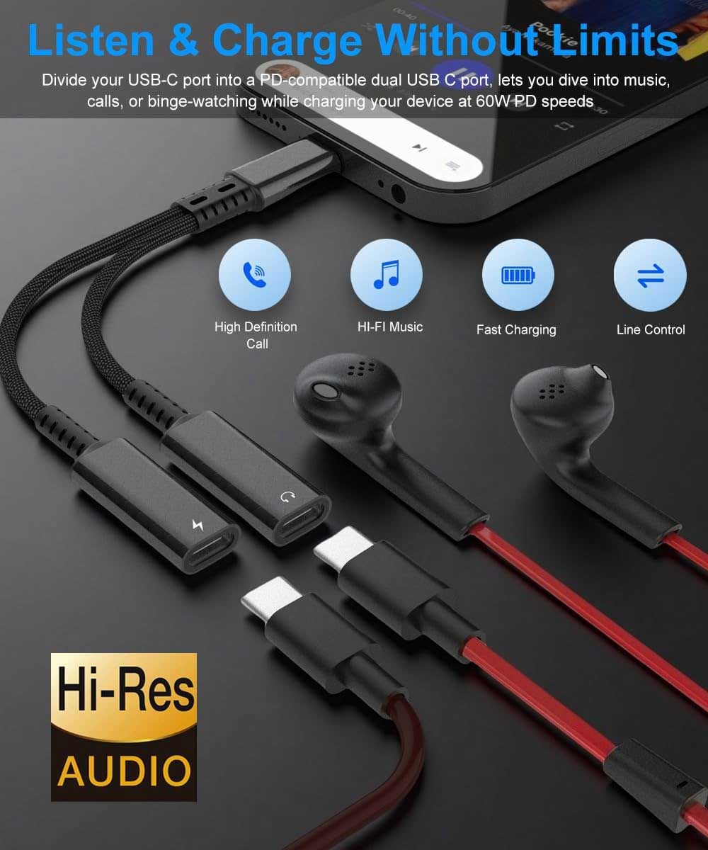 USB-C Port Splitter Earphone Adapter TYPE-C Charging Port Headphone Au ...