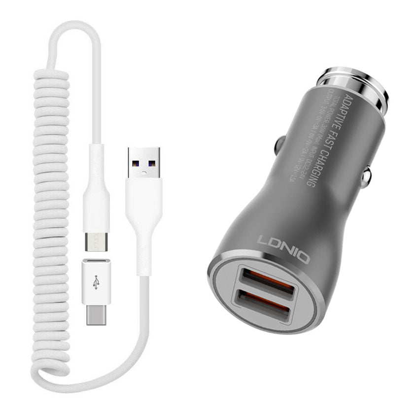 Car Charger 36W Fast 2-Port USB Coiled Cable Type-C Quick Charge - ONK ...
